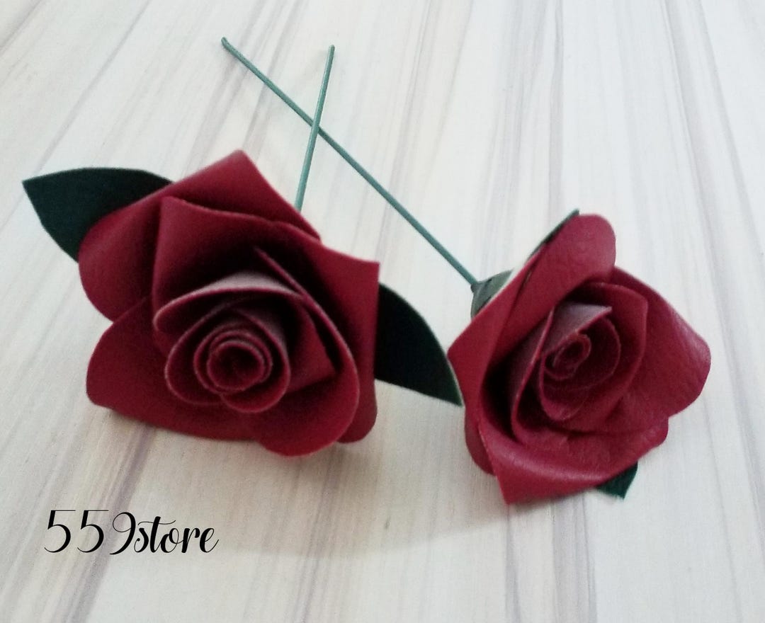 Dark Red Rose, Fake Leather Rose With Stem, Faux Leather Flower ...