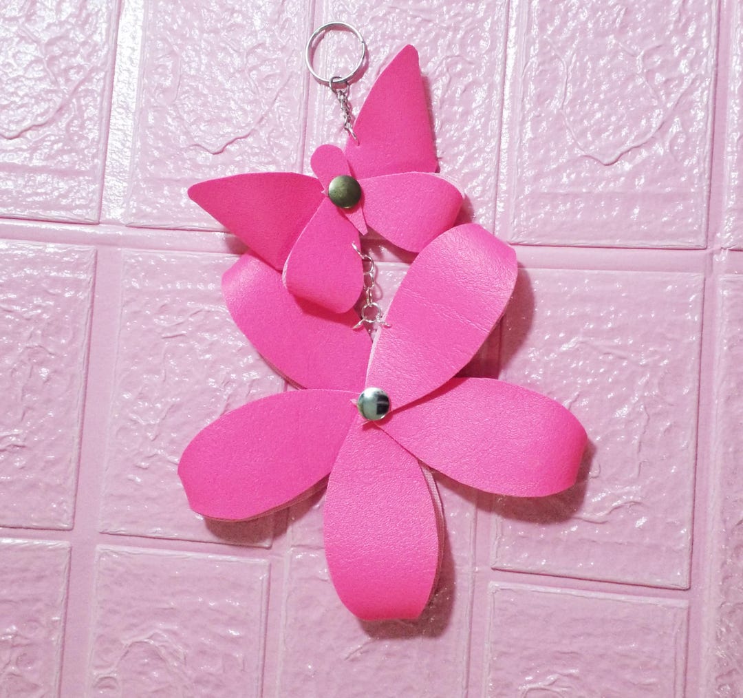 Fake Leather Keychain, Hot Pink Butterfly, Flower Keychains, Large ...