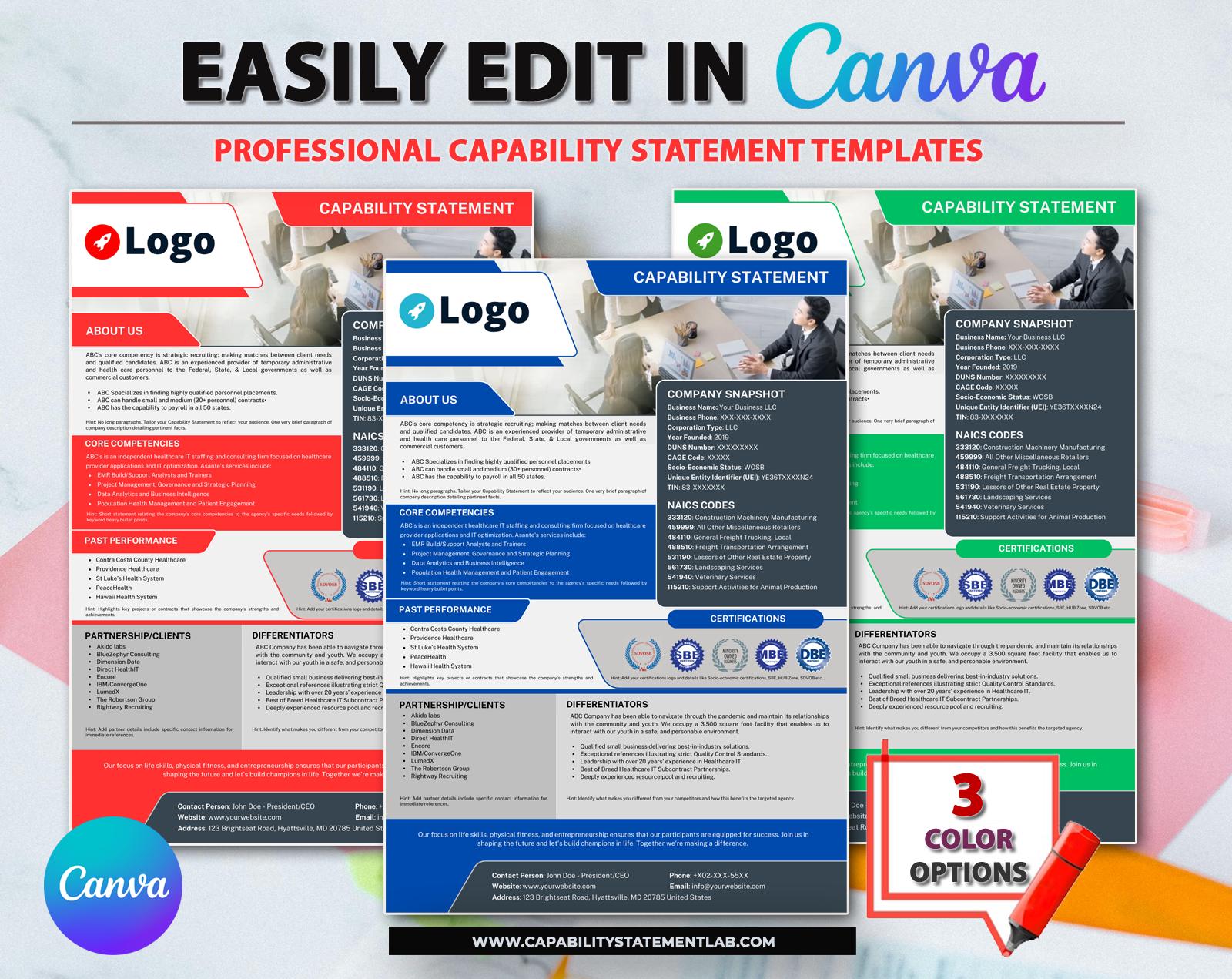 Canva Capability Statement Template: Corporate & Government Contracts ...
