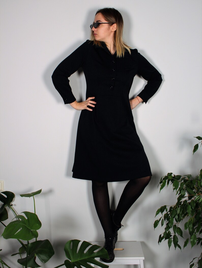 Vintage Black Dress Classy Collared Button-up Womens - Etsy Vintage Black Dress Classy Collared Button-up Womens - Etsy