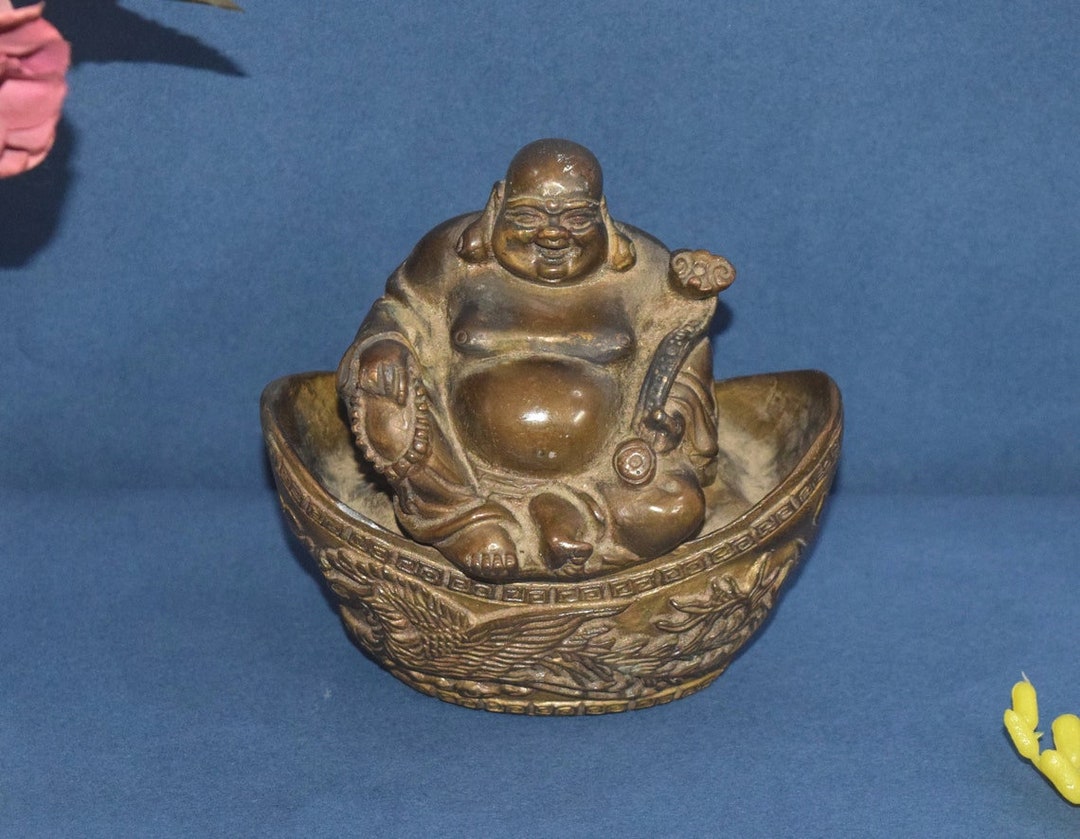 Laughing Buddha Statue Seated on Dragon Boat Antique Brass Happy Man ...