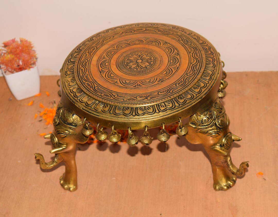 Brass Elephant Pillars Stool With Bells | Pooja Decorative Round ...