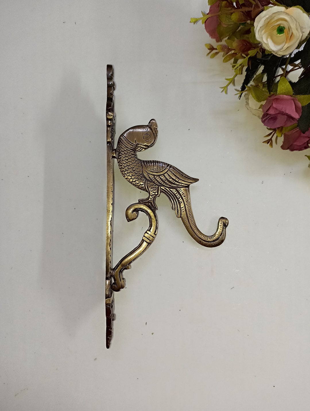 Lacquered Brass Peacock Curved Tail Wall Hook | Macaw Bird Design ...
