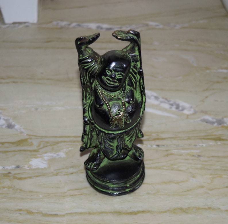 Brass Green Laughing Buddha Statue Handmade | 6.5'' Inches Happy Man ...