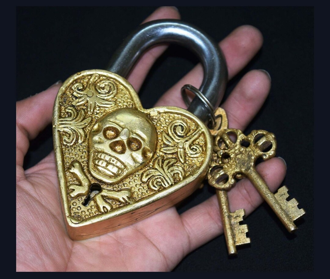Heart Shape Skull Padlock | Brass Antique Design Skull Working Door ...