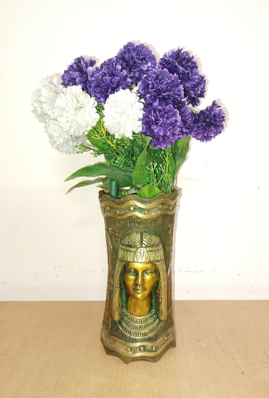 Brass Anubis Engraved Flower Pot | Egyptian King Queen Face Design ...