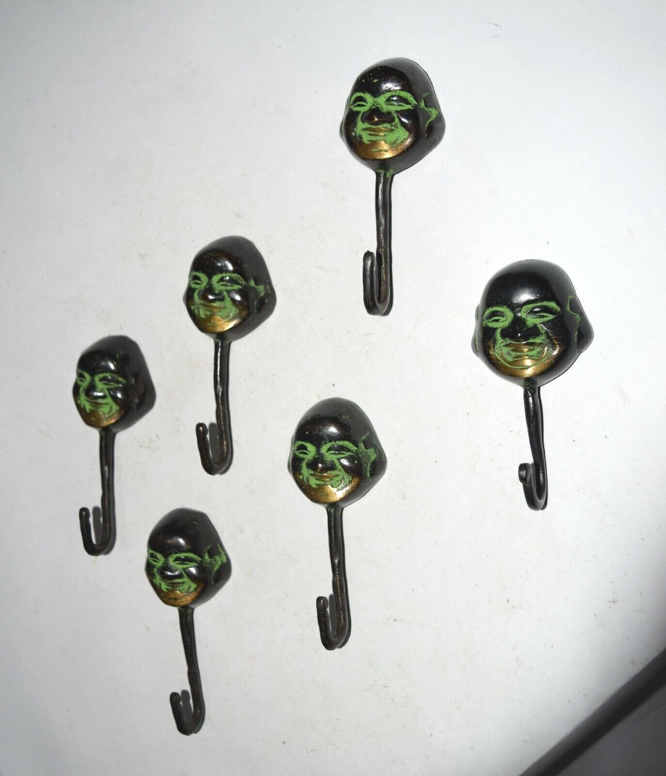 Smiley Face Hook Set of 06 Wall Hooks Brass Laughing Buddha Face Hanger ...