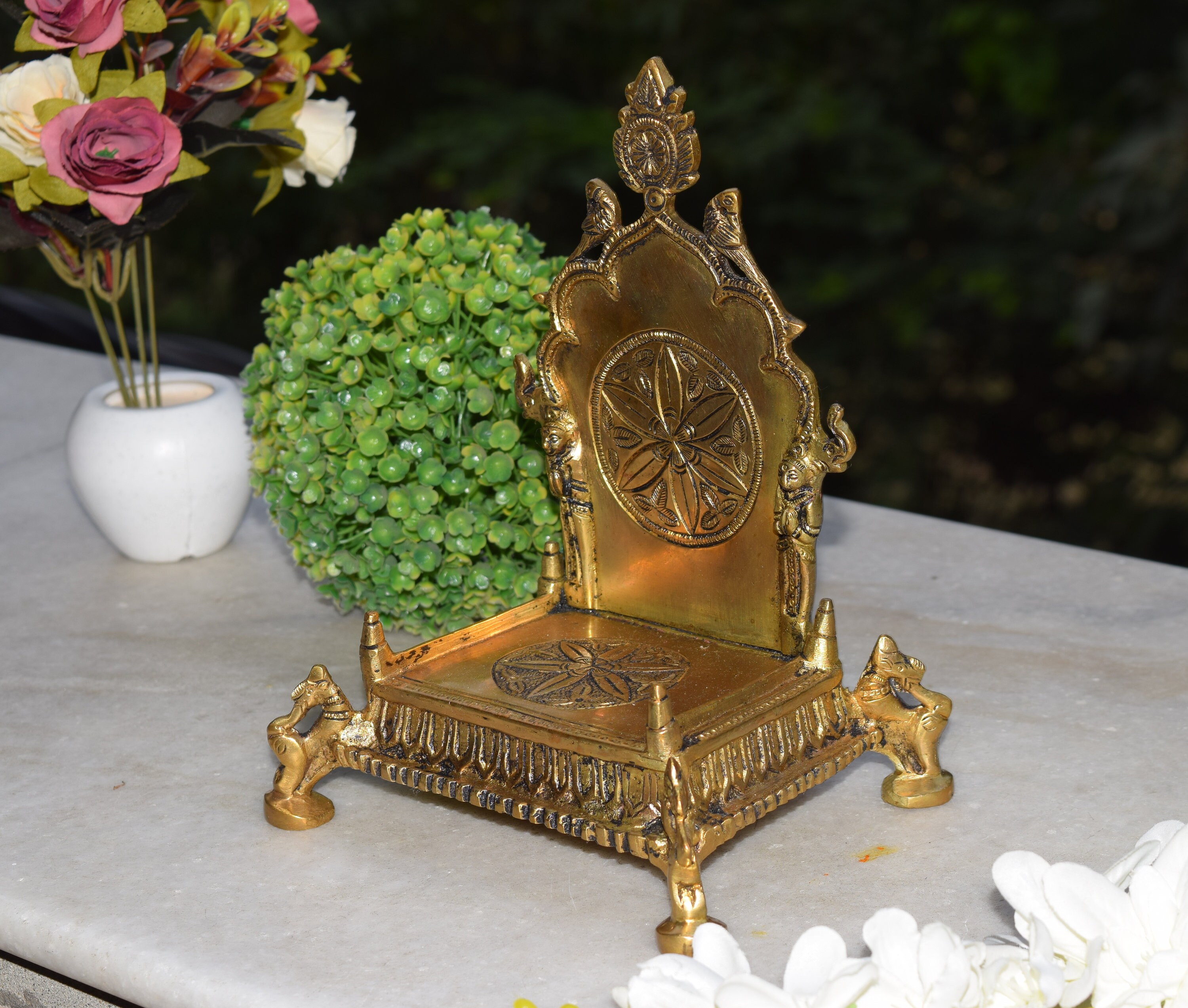 8'' Inches Brass Throne | Decorative Singhasan With Flower Design | God ...
