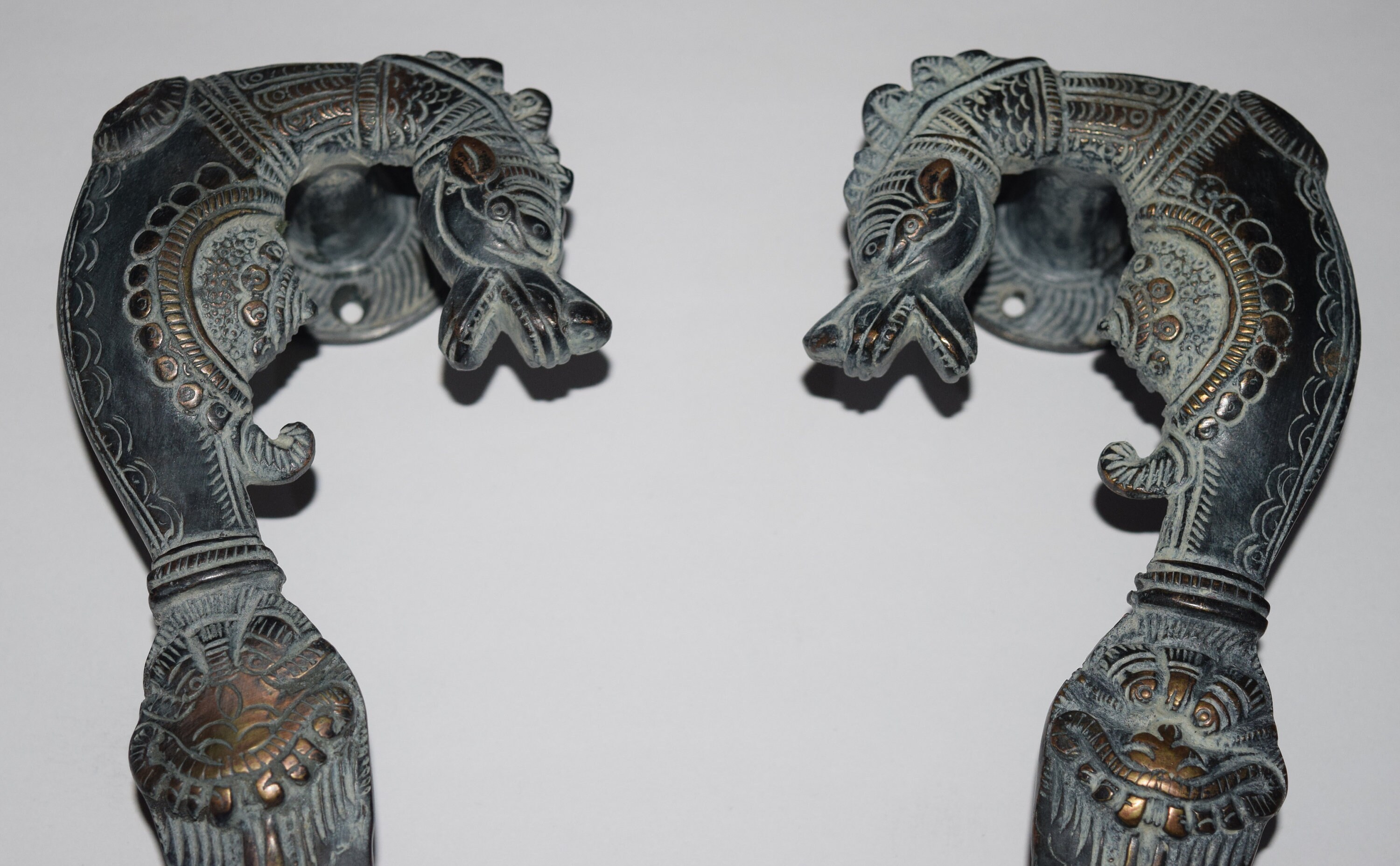 Curved Brass Dragon Shape Door Handles Pair | 10'' Inches Long Temple ...