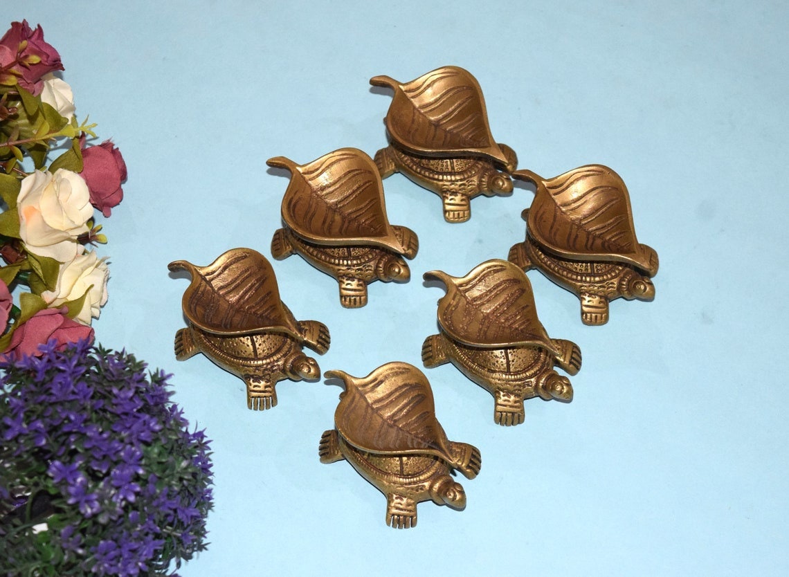 Brass Leaf Design Turtle Oil Lamp | Tortoise Base Handcrafted Diya Set ...