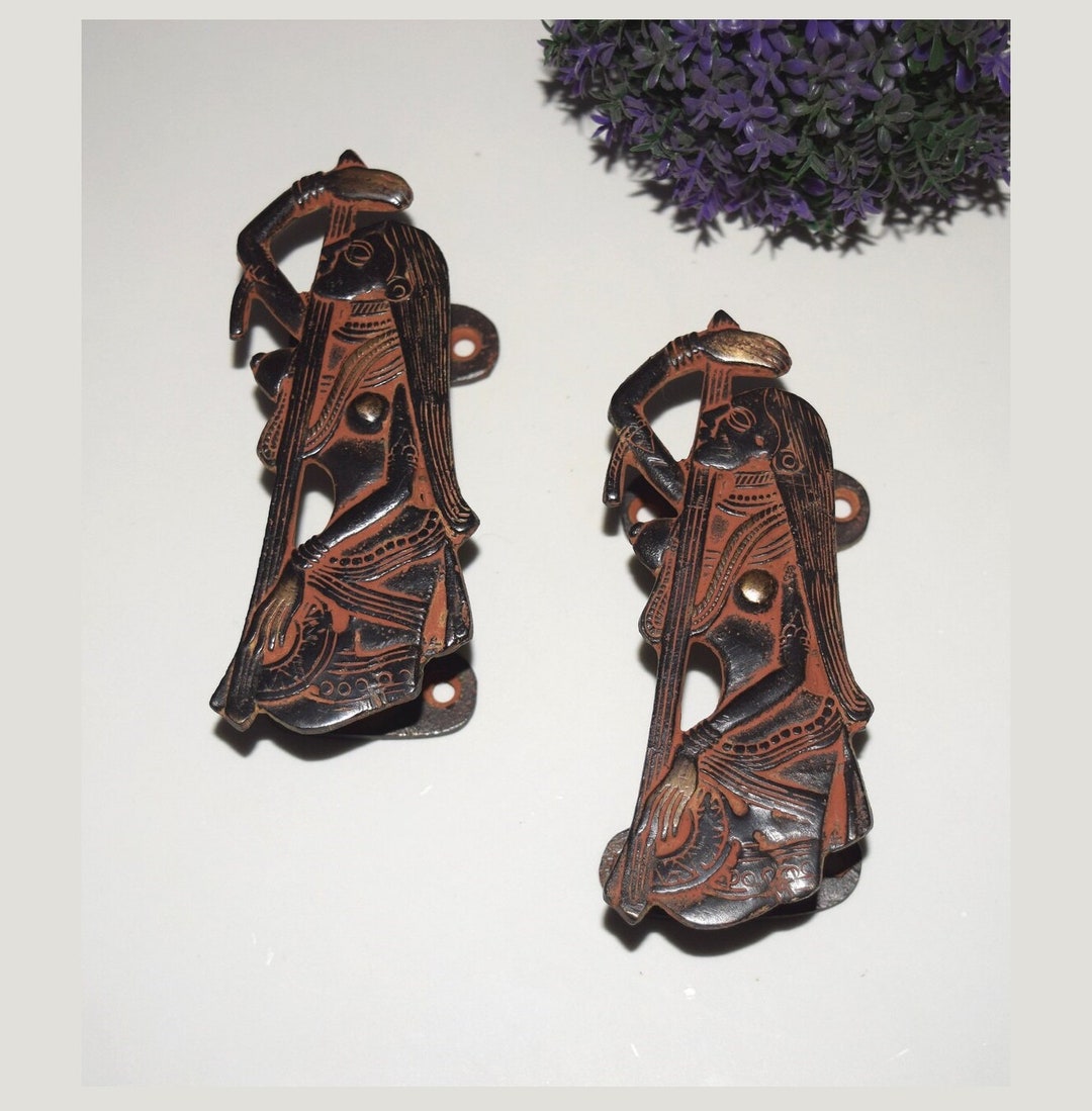 Goddess Meera Door Pull Pair | Women With Veena Brass Handle Set ...