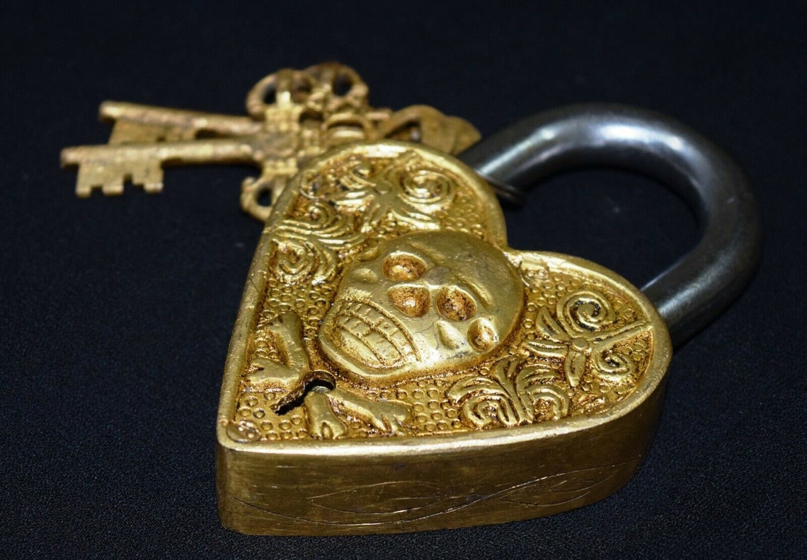 Heart Shape Skull Padlock | Brass Antique Design Skull Working Door ...