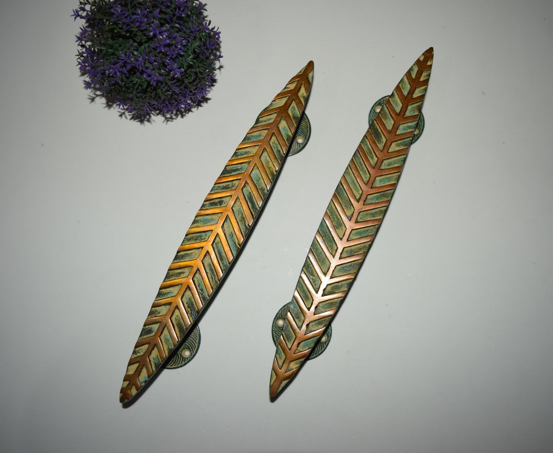 12'' Inches Leaf Door Pull Unique Patina Touch | Brass Joy Leaves Handle Botanical Theme Pull ...