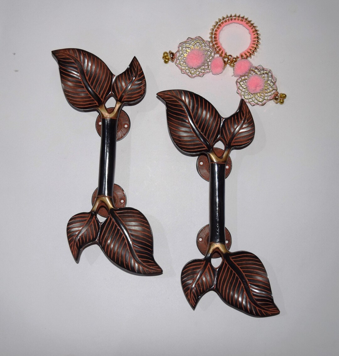 Brass Double Leaf Shape Door Handle Set | Tropical Nature Theme 12 ...