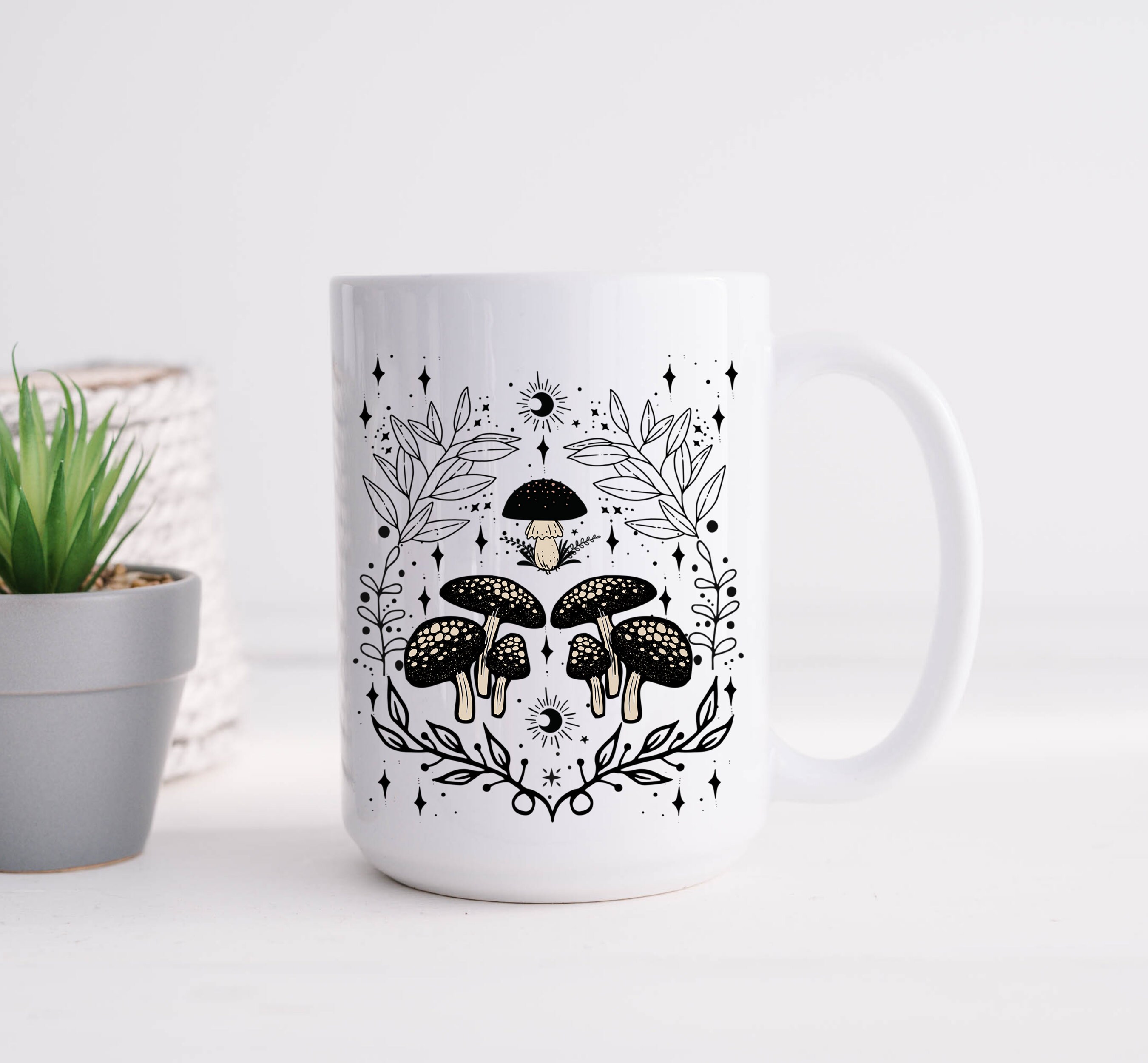 Mushroom Cottage Core White Ceramic Mug Botanical Celestial | Etsy