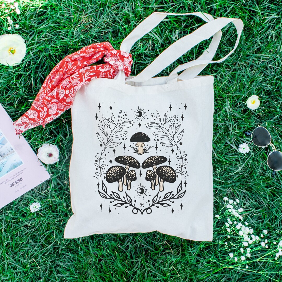 Mushroom Cottage Core Canvas Tote Bag, Botanical Aesthetic, Celestial ...