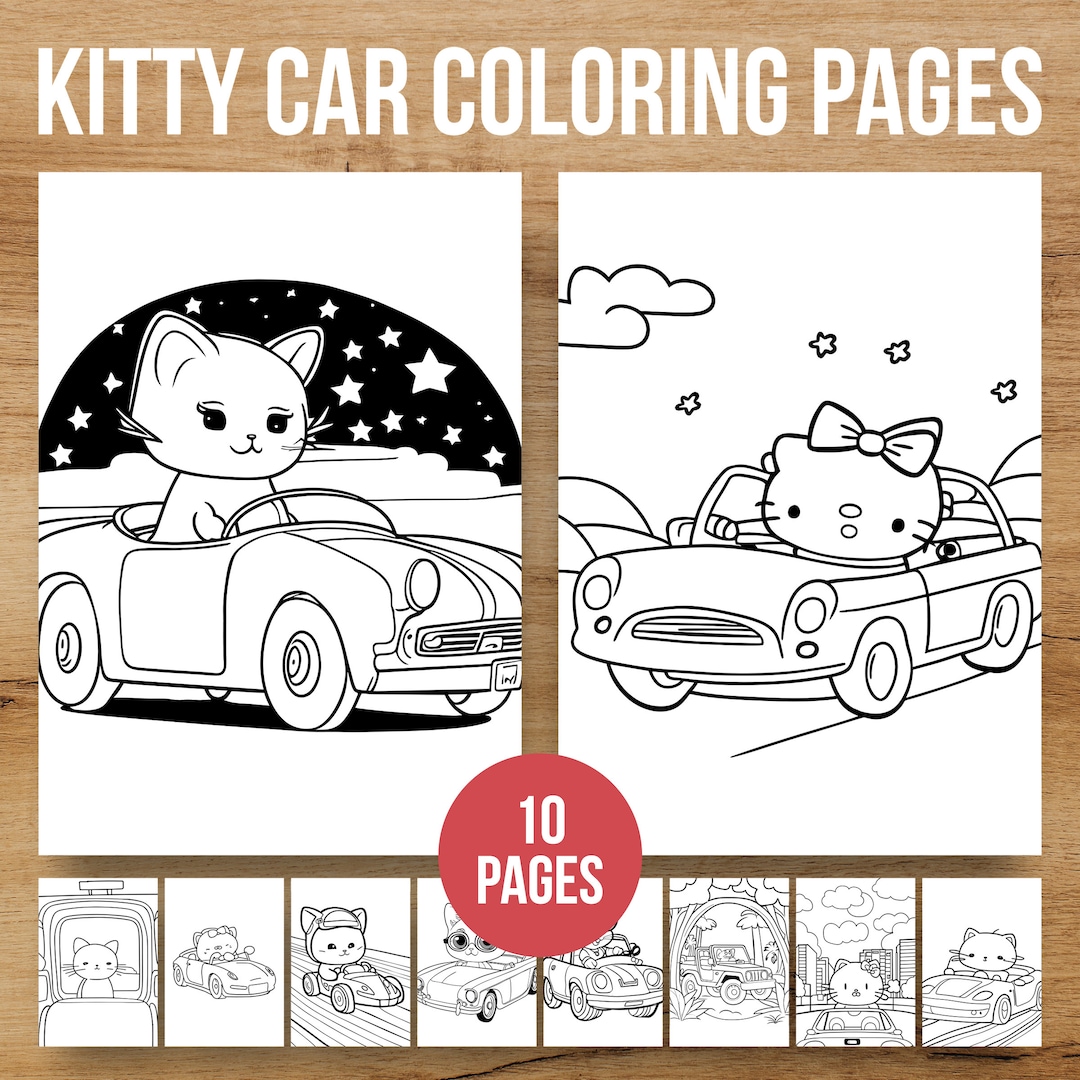 Kitty Car Coloring Pages 10 Pages Printable Digital Coloring Book for ...