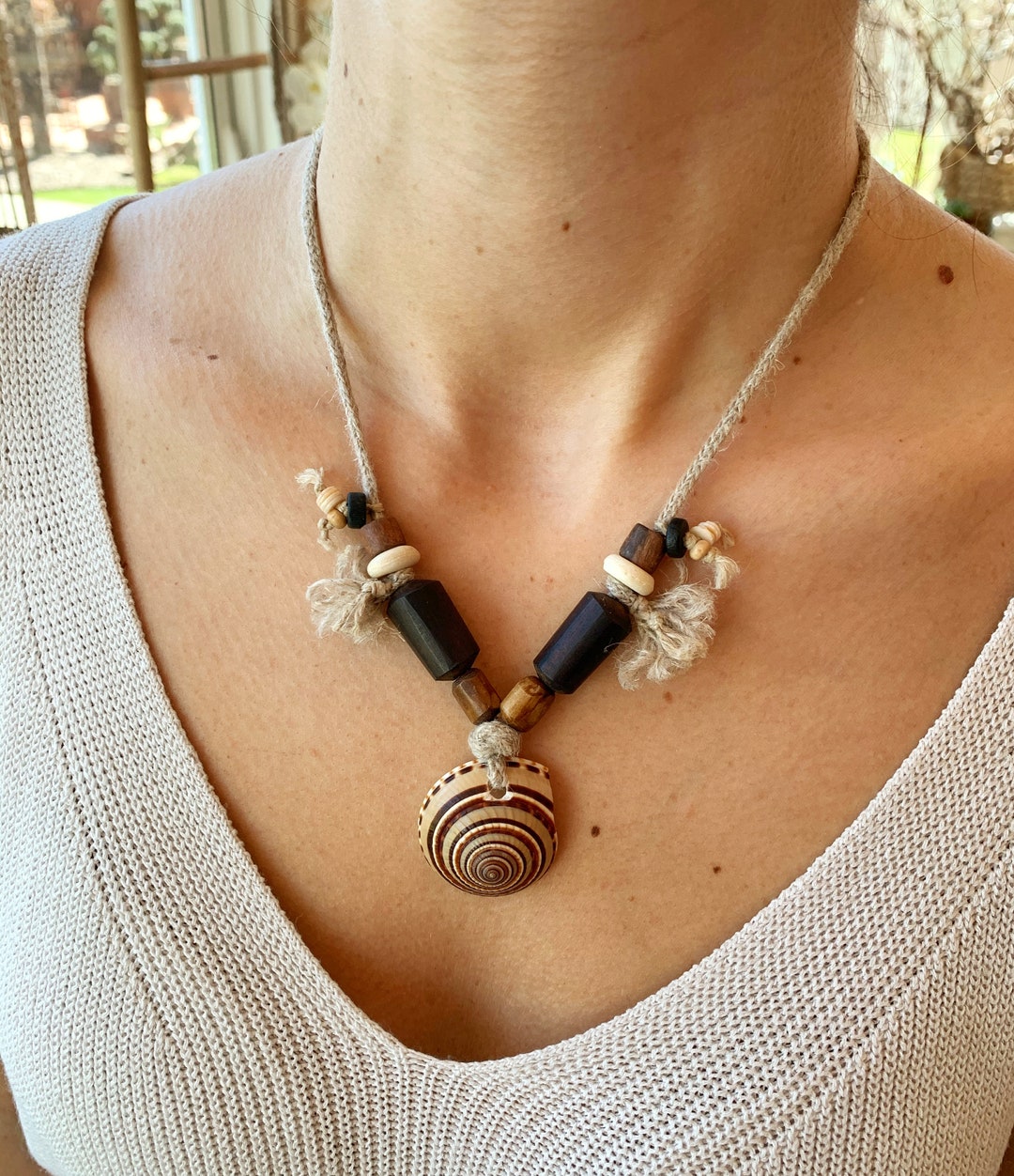 Seashell Sundial Necklace: Wood & Tiny Beads, Tribal Style - Etsy