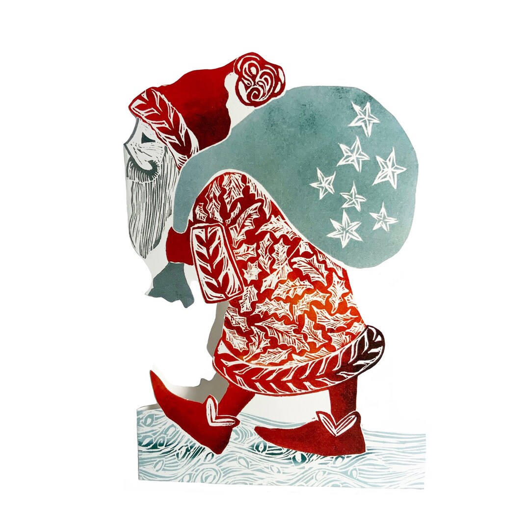 Walking Santa 3D Lino Printed Christmas Card - Etsy UK