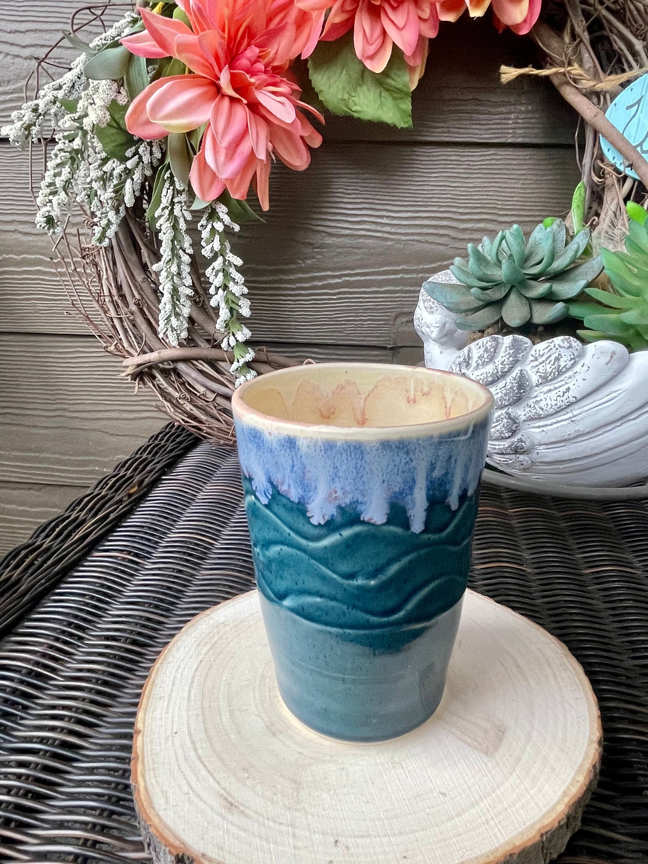 Handmade Ceramic Coffee Cup: Teal Drip Glaze Pottery Tumbler - Etsy