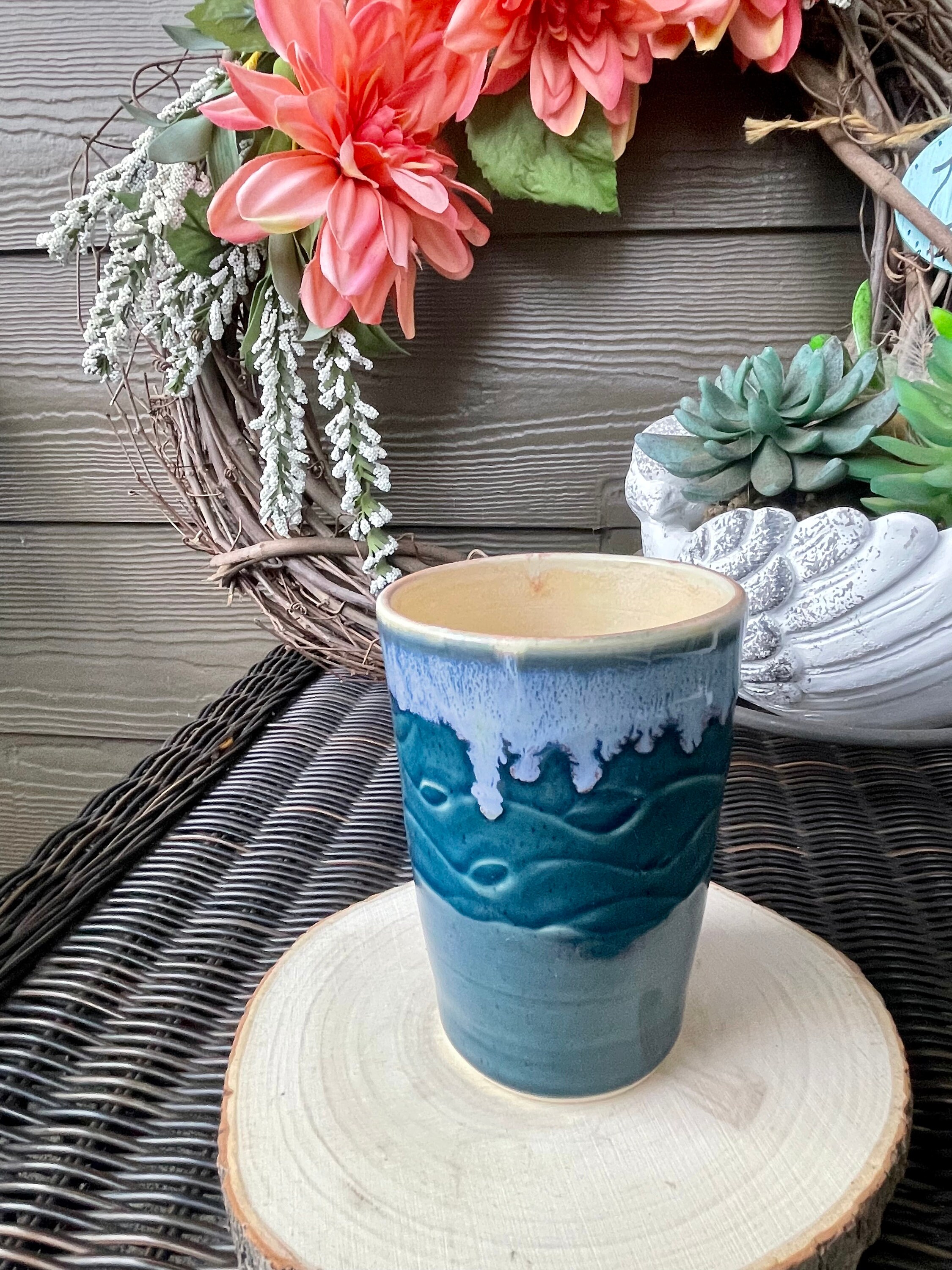 Handmade Ceramic Coffee Cup: Teal Drip Glaze Pottery Tumbler - Etsy