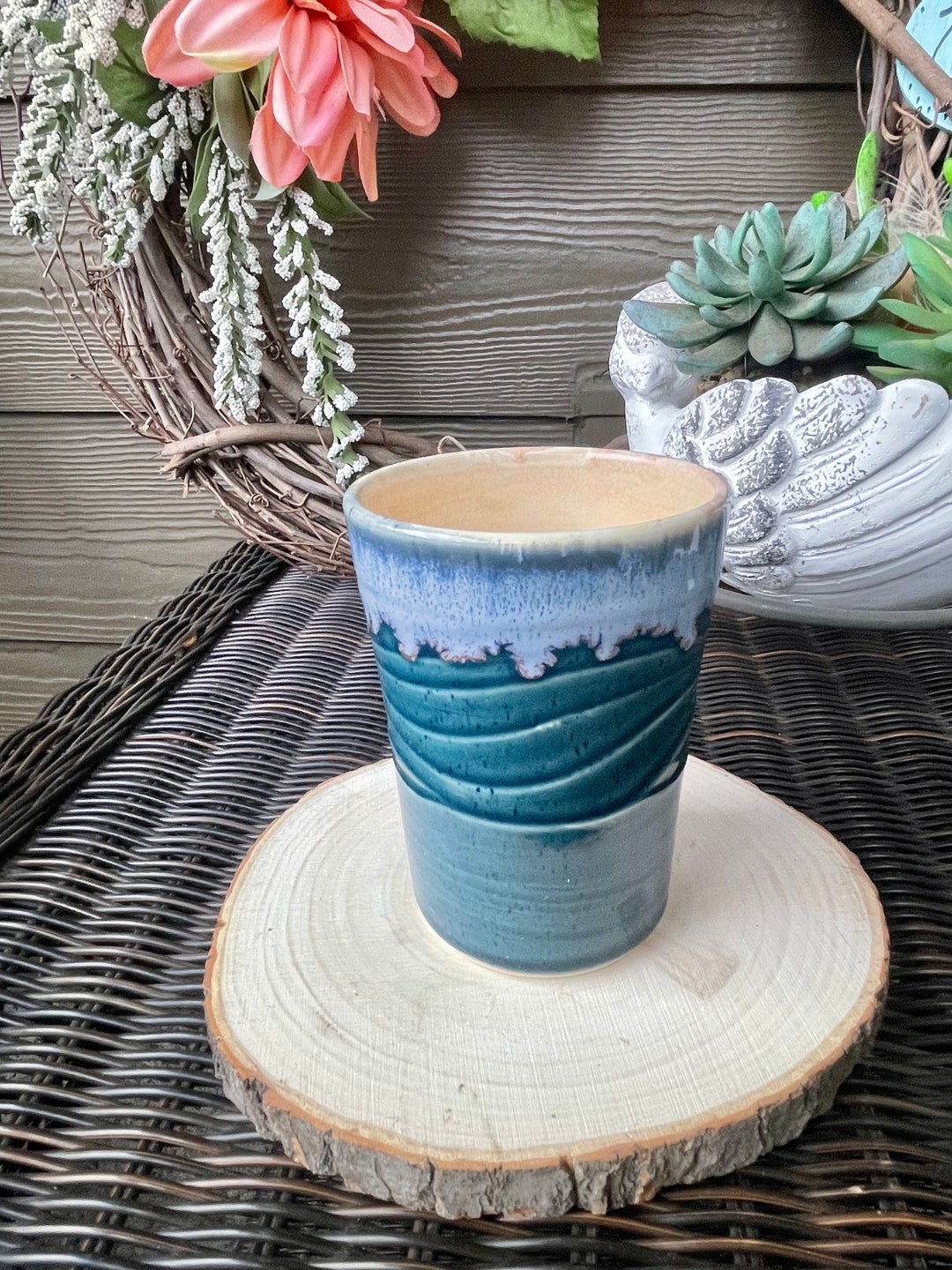 Handmade Ceramic Coffee Cup: Teal Drip Glaze Pottery Tumbler - Etsy