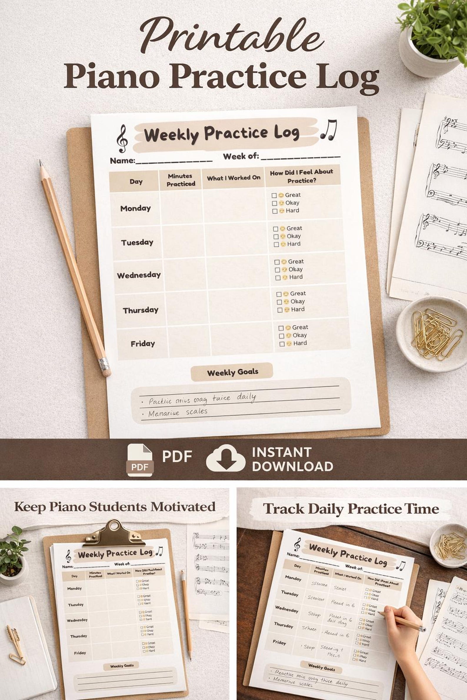 Kids Music Practice Log | Printable Tracker | Weekly Chart | Piano ...