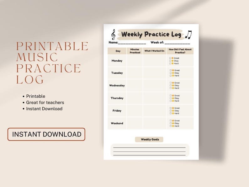 Kids Music Practice Log | Printable Tracker | Weekly Chart | Piano ...