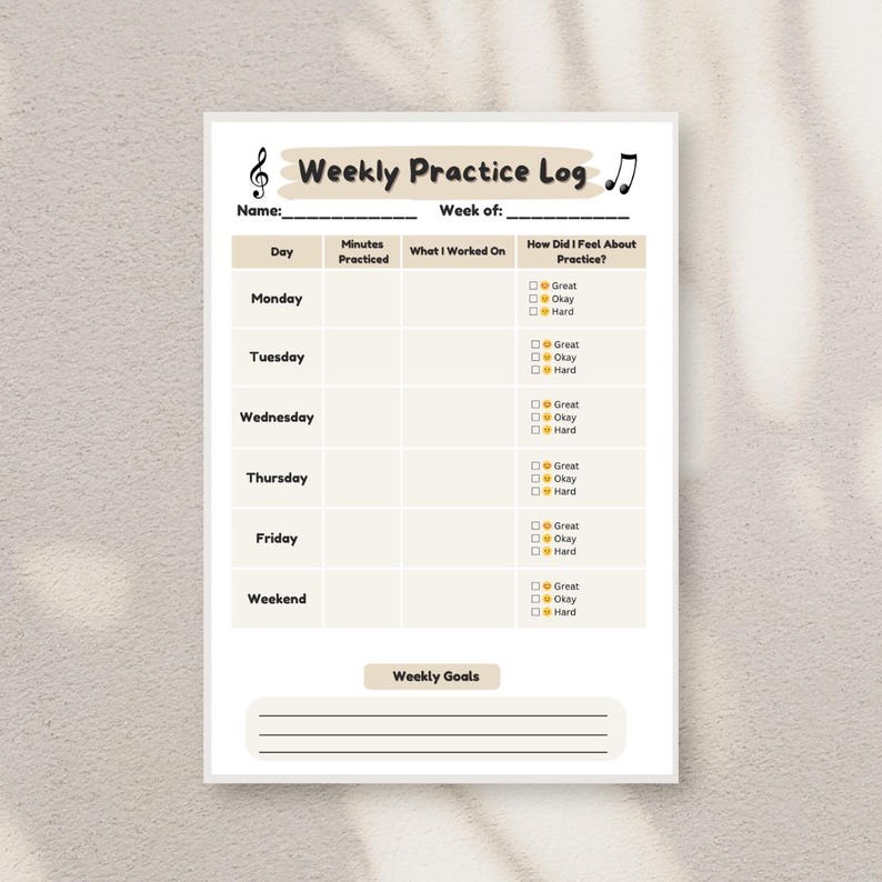 Kids Music Practice Log | Printable Tracker | Weekly Chart | Piano ...