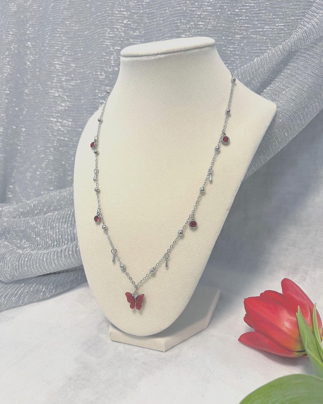 DARLA- Silver Butterfly Pendant Necklace: Red Rhinestone Charm, Dainty ...