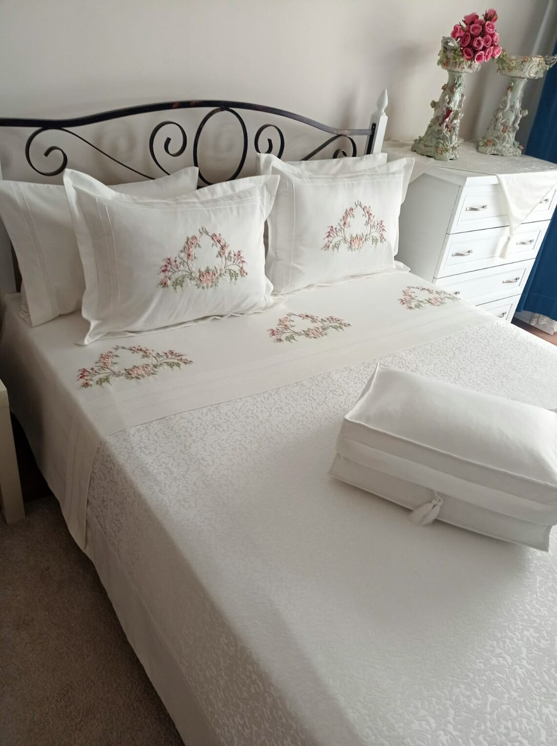 Basket Model Pastel Colors Hand Embroidered Offwhite Pique Set and ...