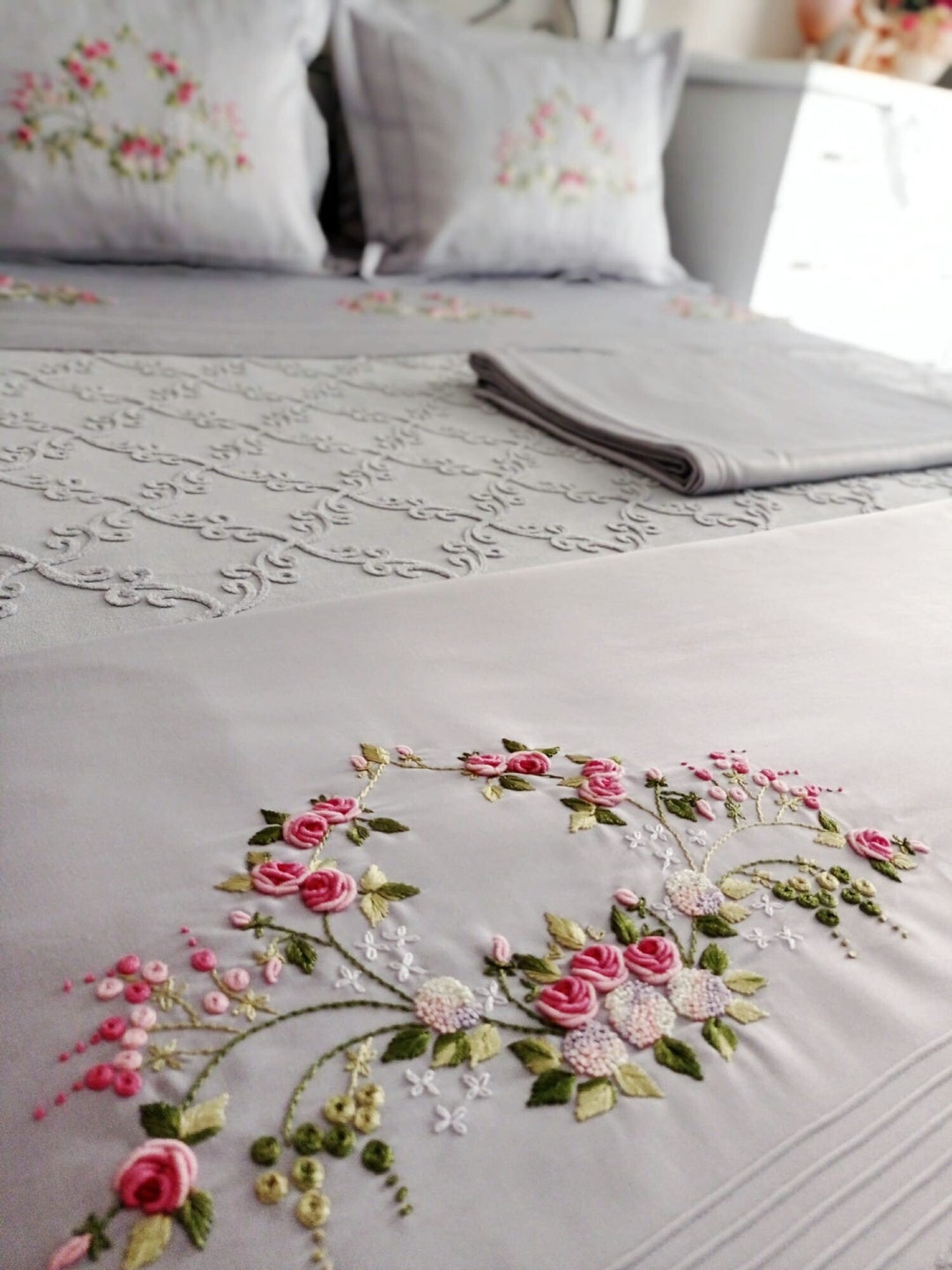 Elegant Hand Embroidered Gray Bedspread Set | Cotton Satin Duvet Cover ...