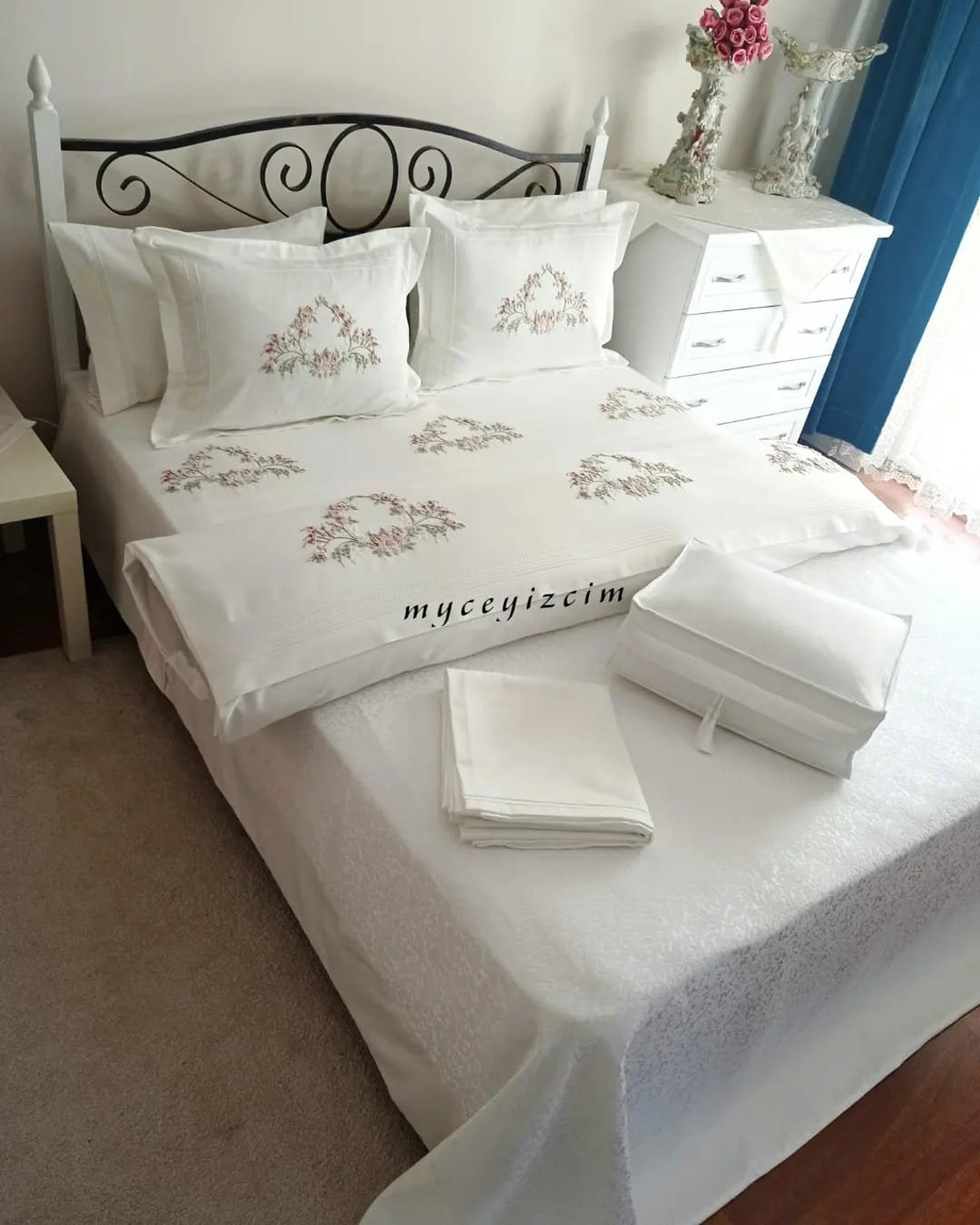 Basket Model Pastel Colors Hand Embroidered Offwhite Pique Set and ...