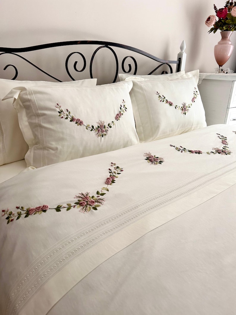 Rose Embroidered Offwhite Wedding Duvet Cover Set | Cotton Satin ...