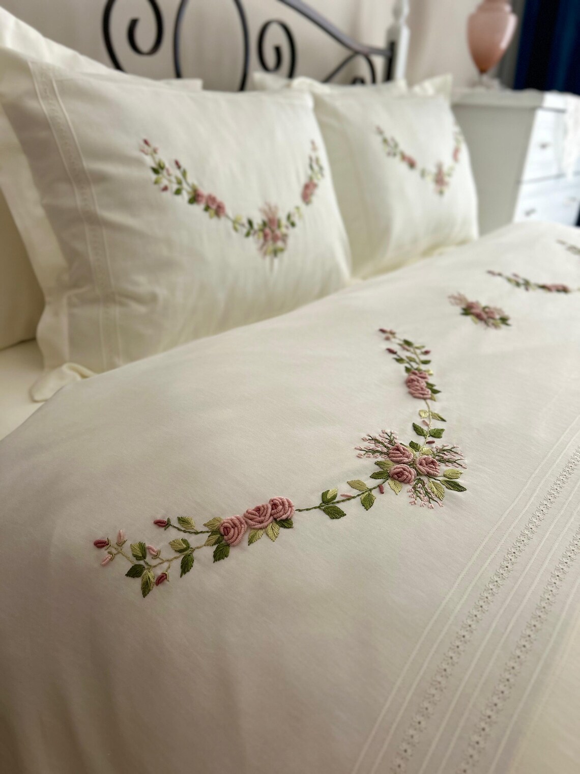 Rose Embroidered Offwhite Wedding Duvet Cover Set Cotton Satin Bedding ...