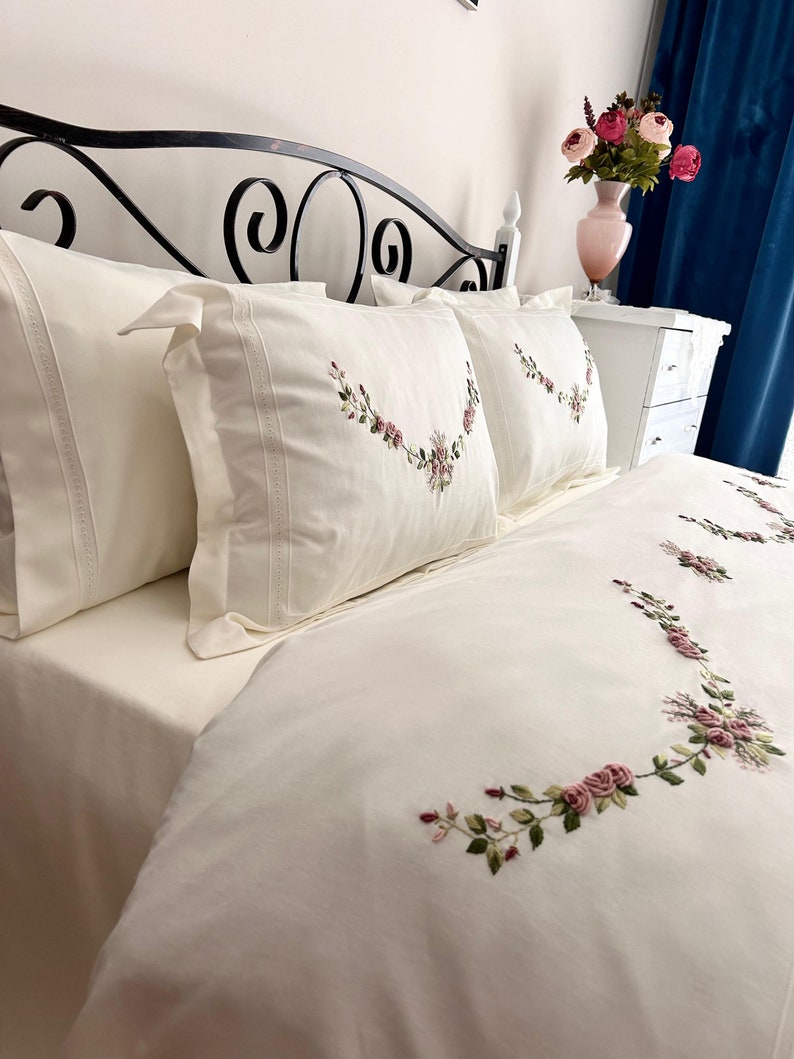 Rose Embroidered Offwhite Wedding Duvet Cover Set | Cotton Satin ...