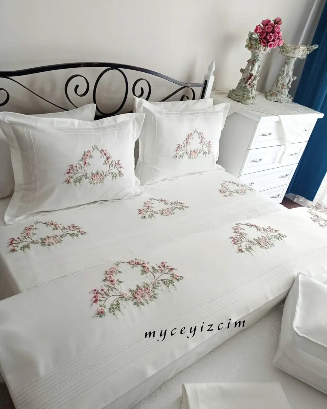 Basket Model Pastel Colors Hand Embroidered Offwhite Pique Set and ...