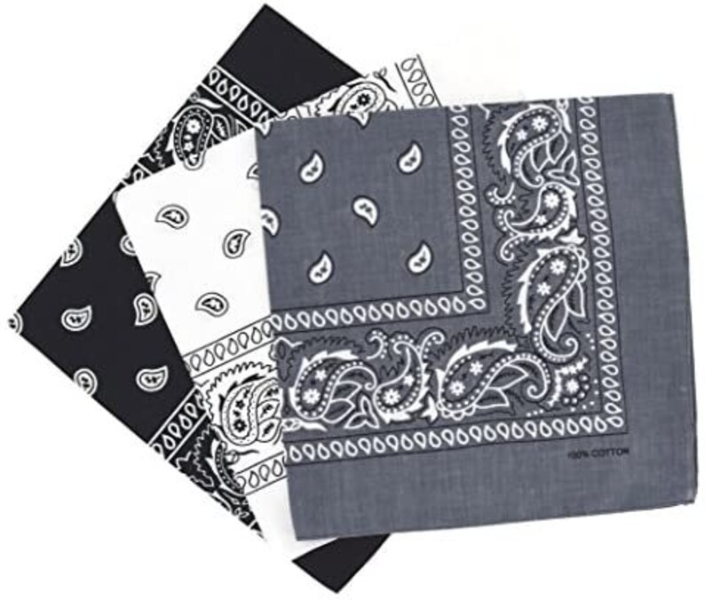 100% Cotton Pack of 3 X Black, White & Grey Bandanas Face Covering ...