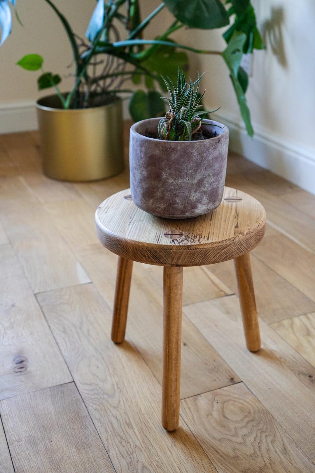 Round Rustic Plant Stool, Reclaimed Wood Stool, Rustic Milking Stool ...