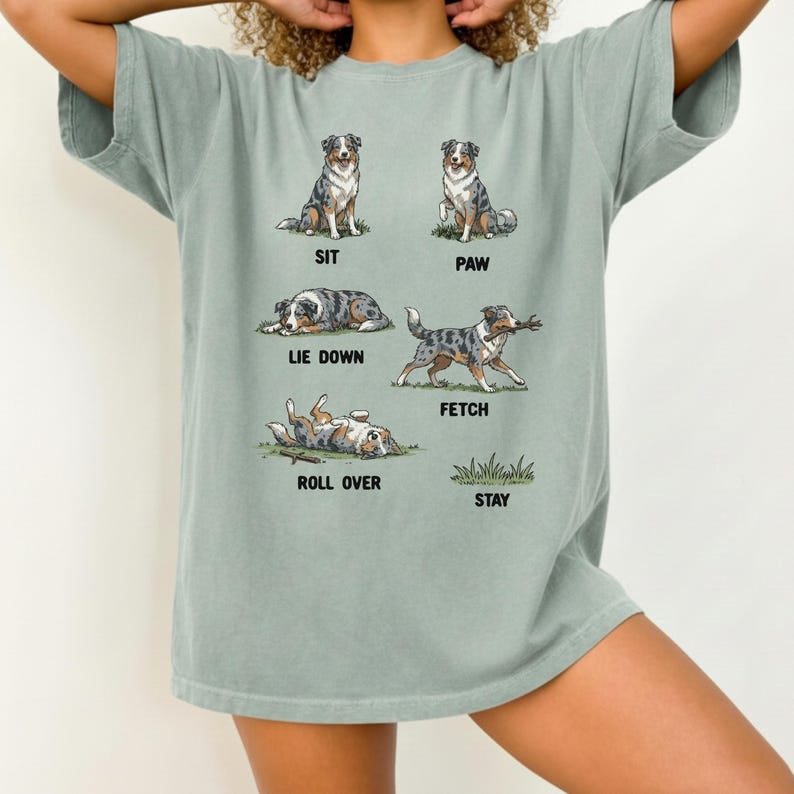 Australian Shepherd Dog Training Shirt, Funny Dog Commands Graphic Tee ...