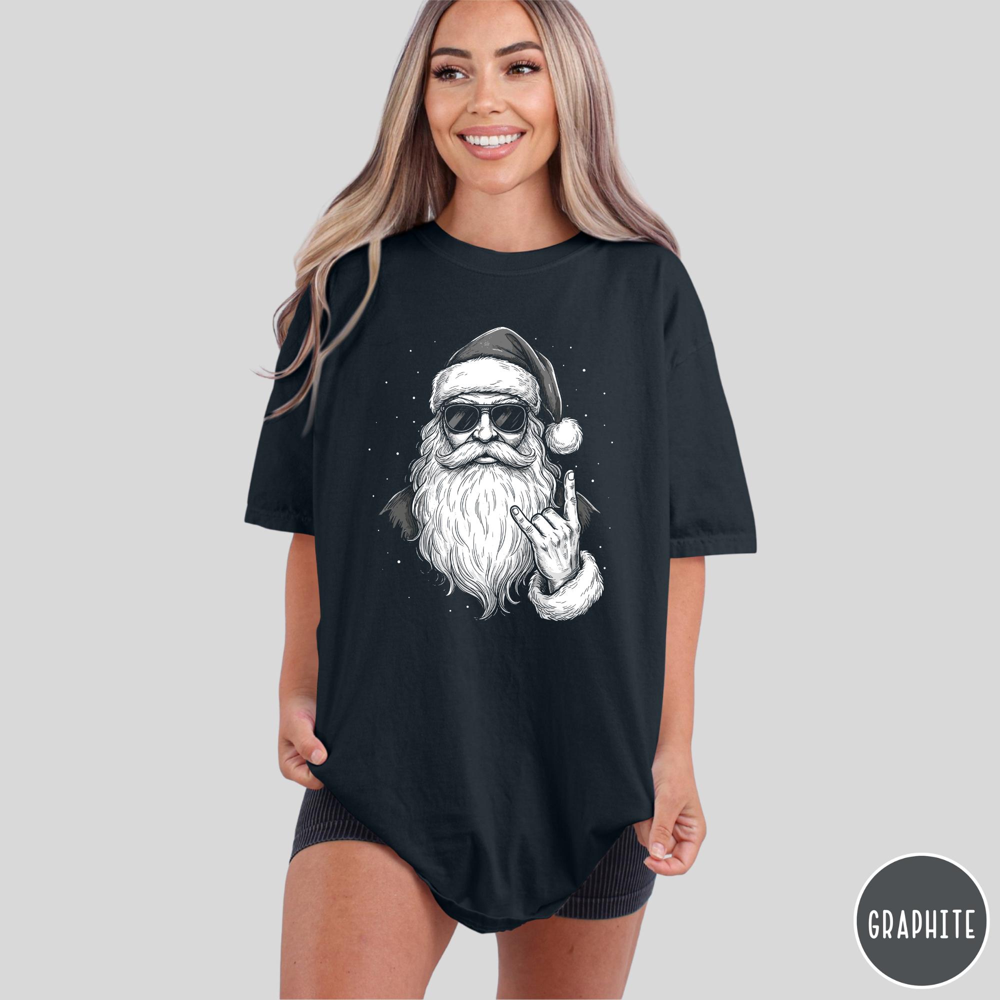 Rockin Santa Shirt, Metal Santa Graphic Tee, Funny Christmas Band Style ...