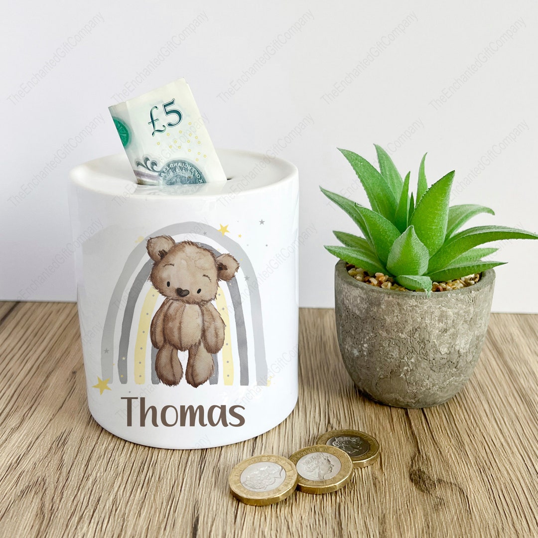 Teddy Bear Money Box. Birthday Gift. Personalised Childs - Etsy