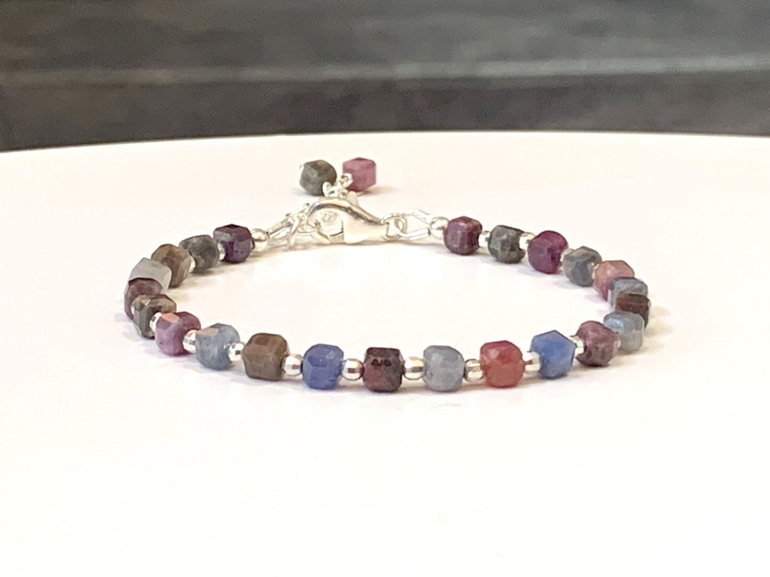 Sapphire & Ruby Gemstone Bracelet Dainty 4.5mm Facetted Beads, Sterling ...