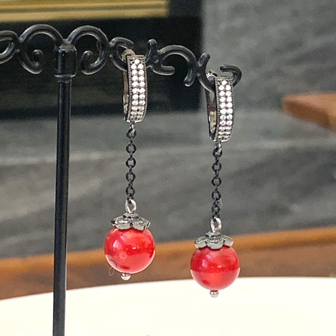 Red Coral Earrings - Brass & Cubic Zirconia Accents, 1.5