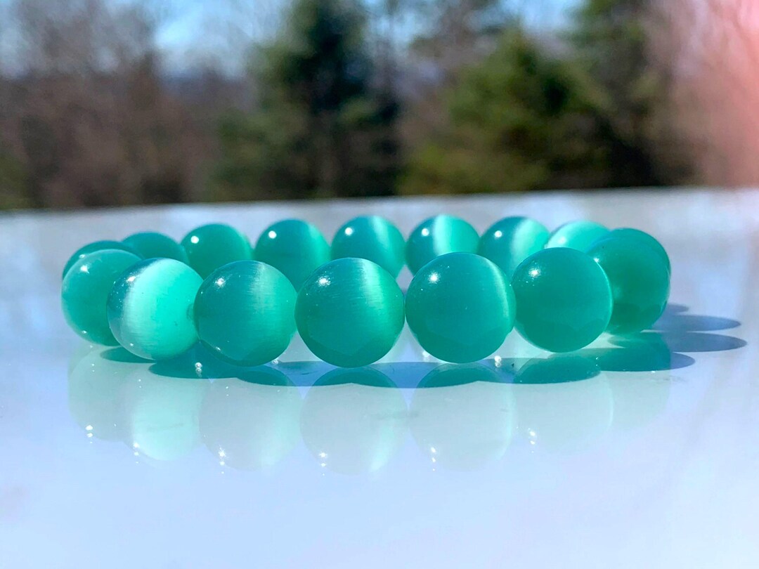 Blue Turquoise Cat's Eye Gemstone Bracelet: 9.5mm Fiber Optic Beads - Etsy