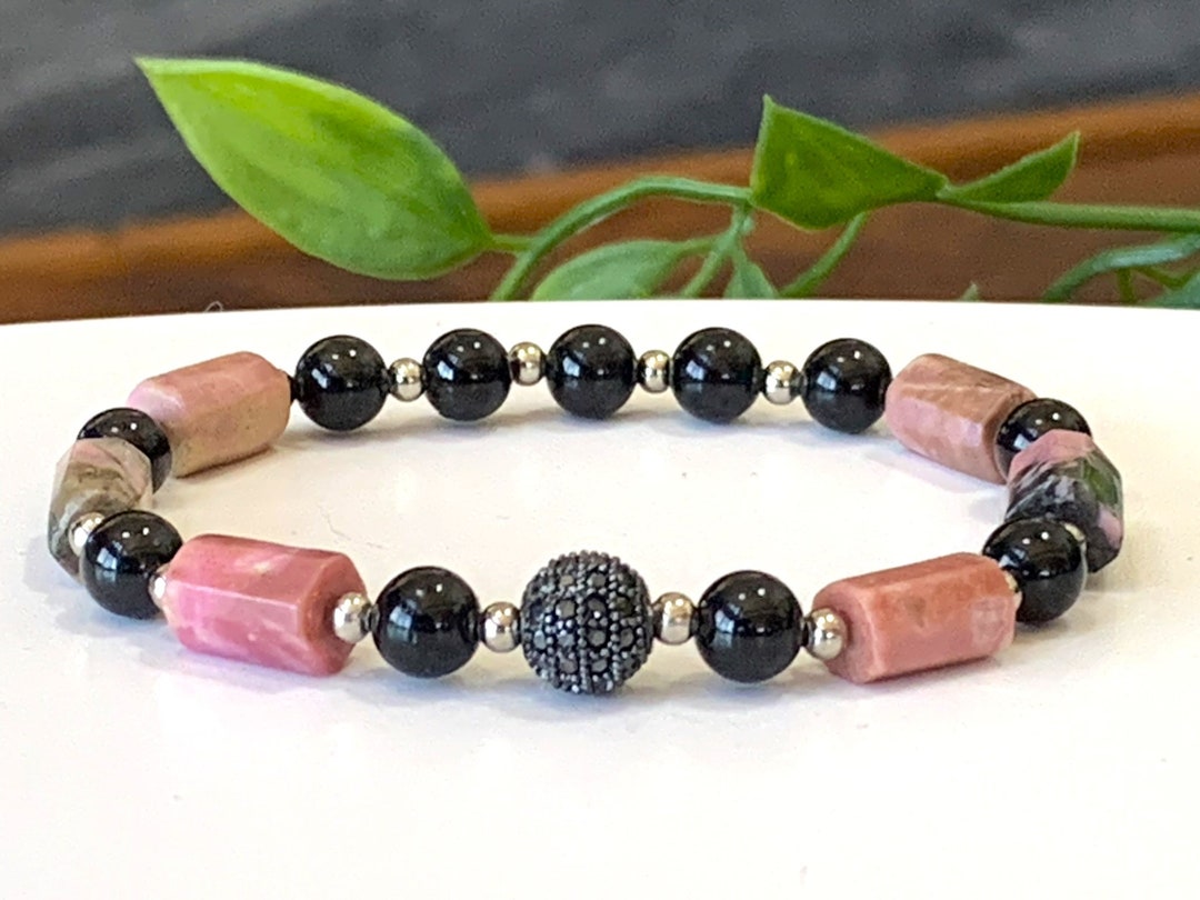 Rhodonite & Black Tourmaline Gemstone Bracelet, Stretch Bracelet, Grade ...