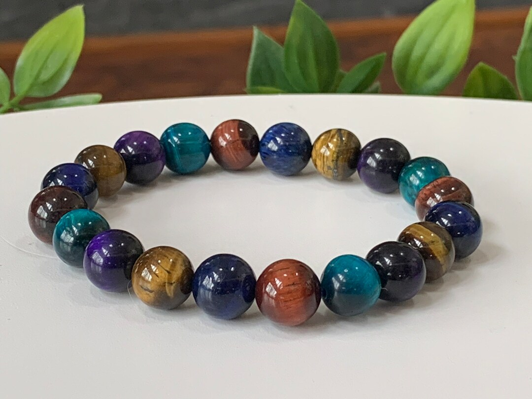 10mm Tiger's Eye Protection Bracelet, Multicolor Tigers Eye Stretch ...