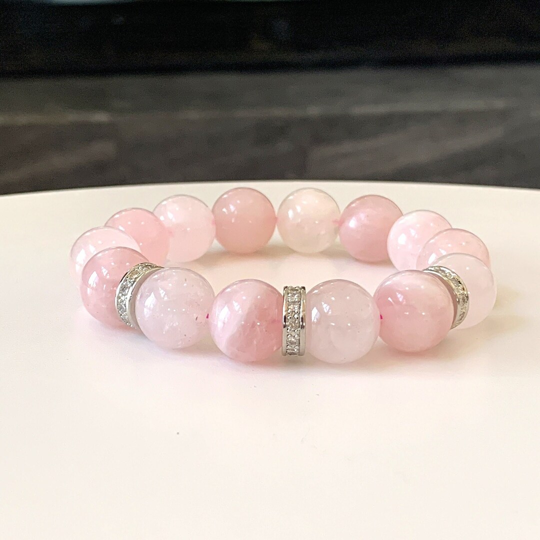 Rose Quartz Bracelet - Large 14mm Rose Quartz Beads, Pink Stretch Cord ...