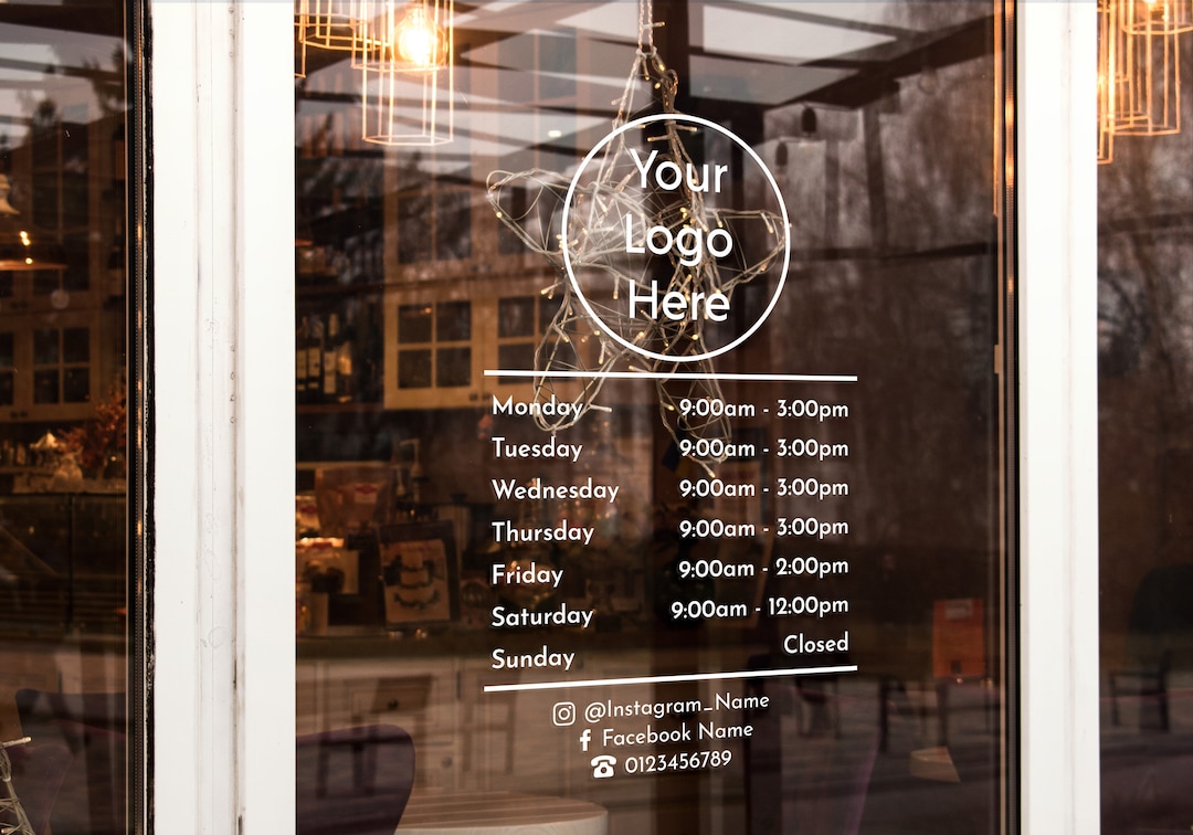 Custom Vinyl Opening Times Decal for Business With Logo Personalised ...