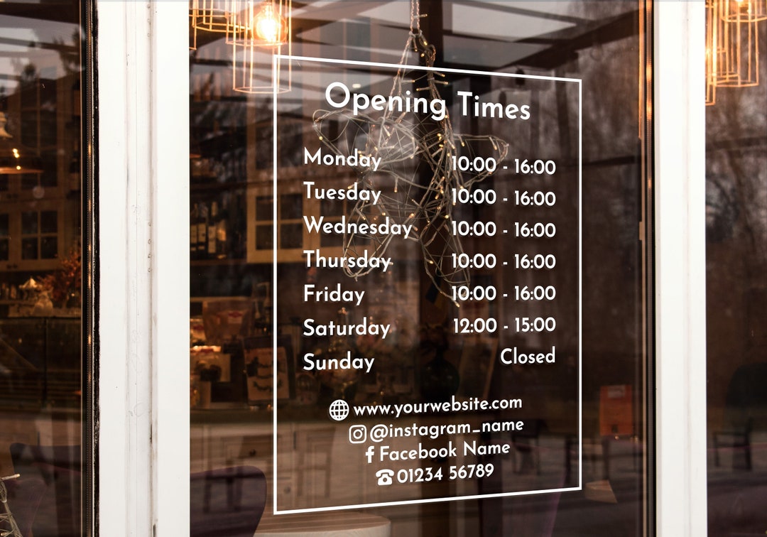 Custom Vinyl Opening Times Decal for Business With Logo Personalised ...